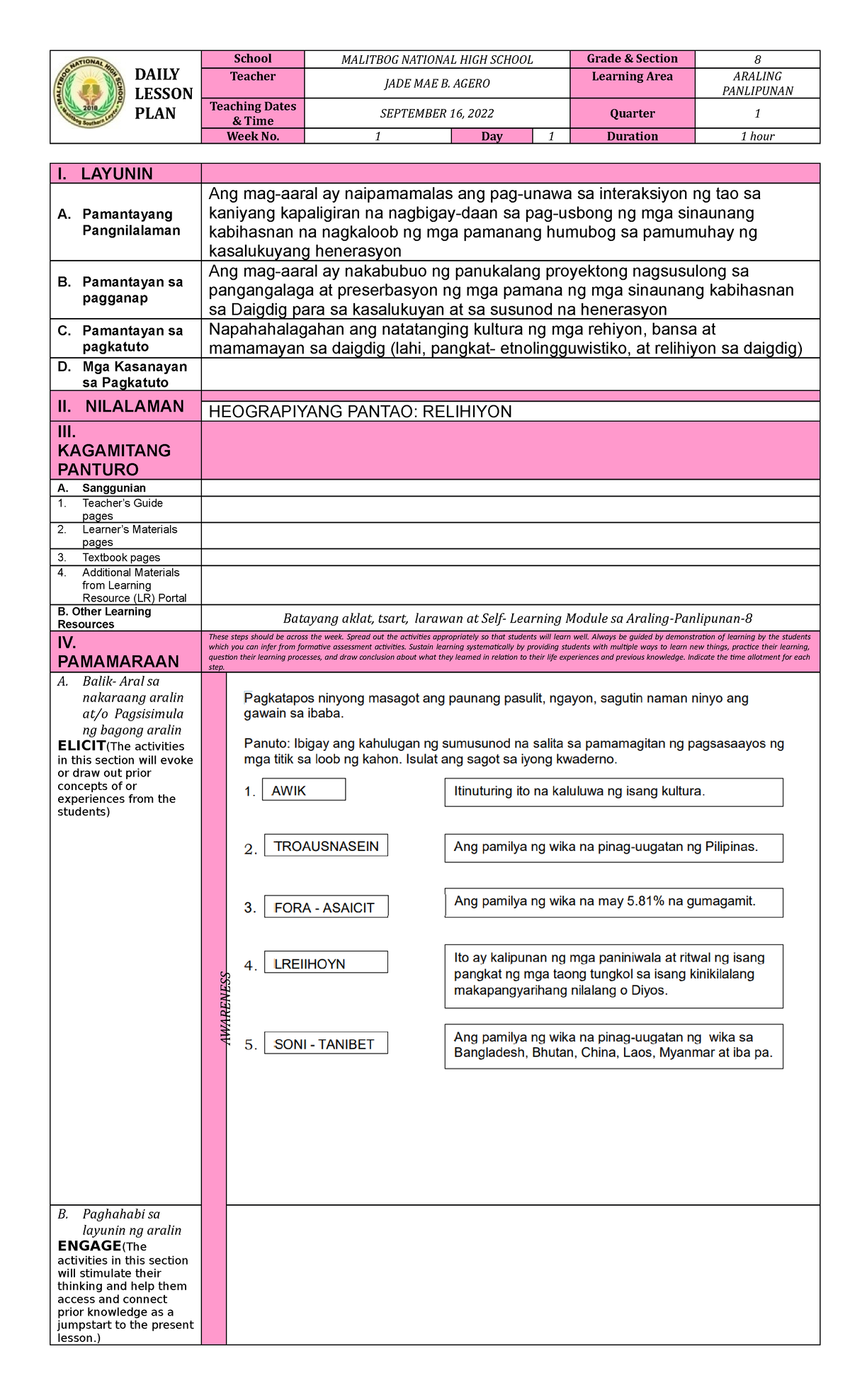 DLP-AP8 Q1 M3 - AP8 - DAILY LESSON PLAN School MALITBOG NATIONAL HIGH ...