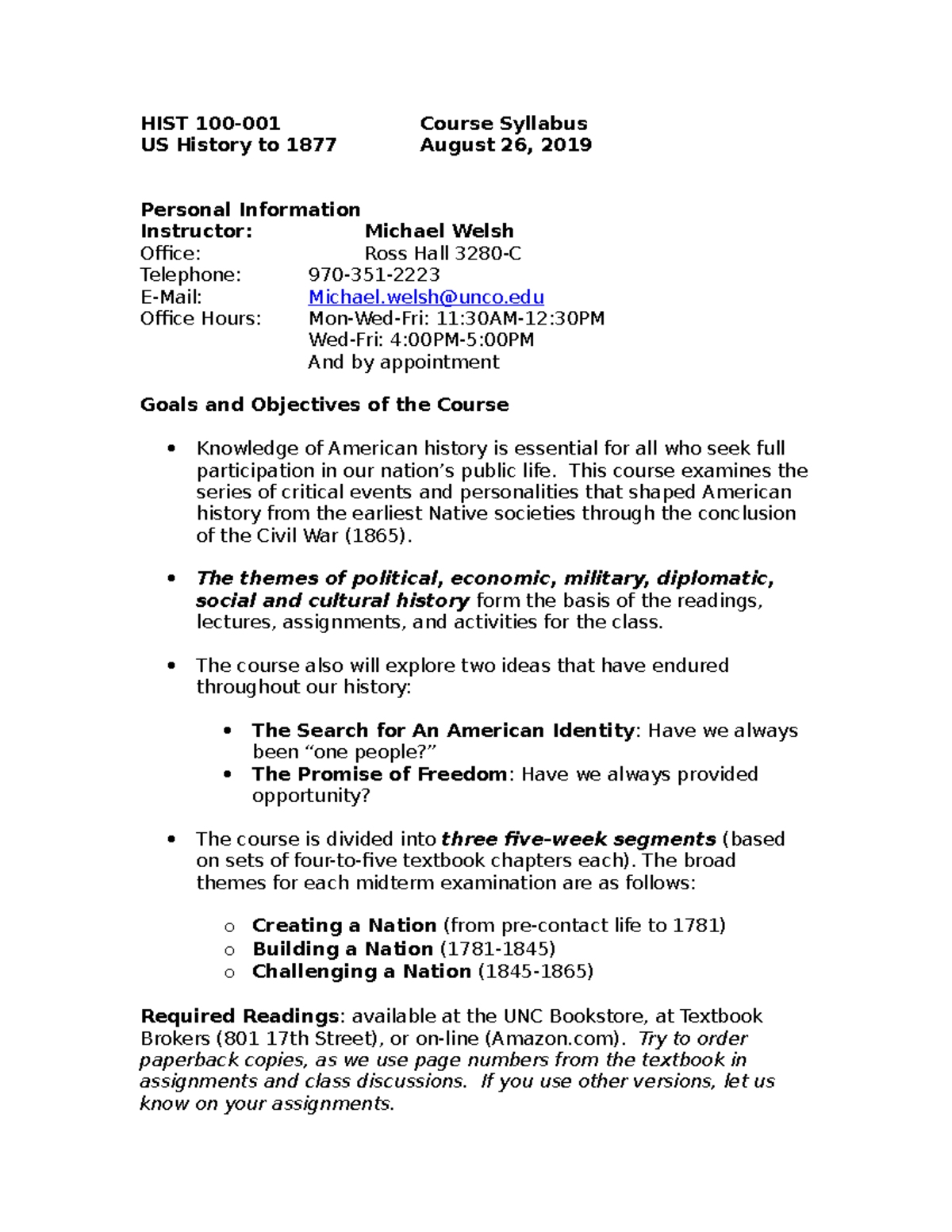 100 Syl Fall 19 History - nothing special - HIST 100-001 Course ...