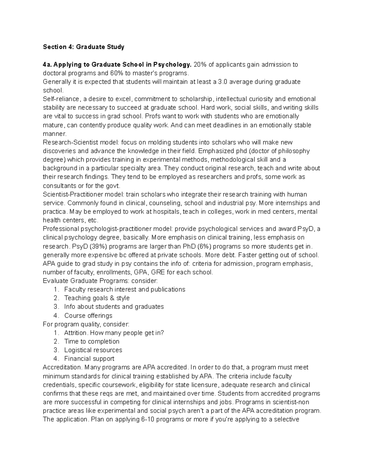 Psy 301 - Section 4 Notes - Section 4: Graduate Study 4a. Applying to ...