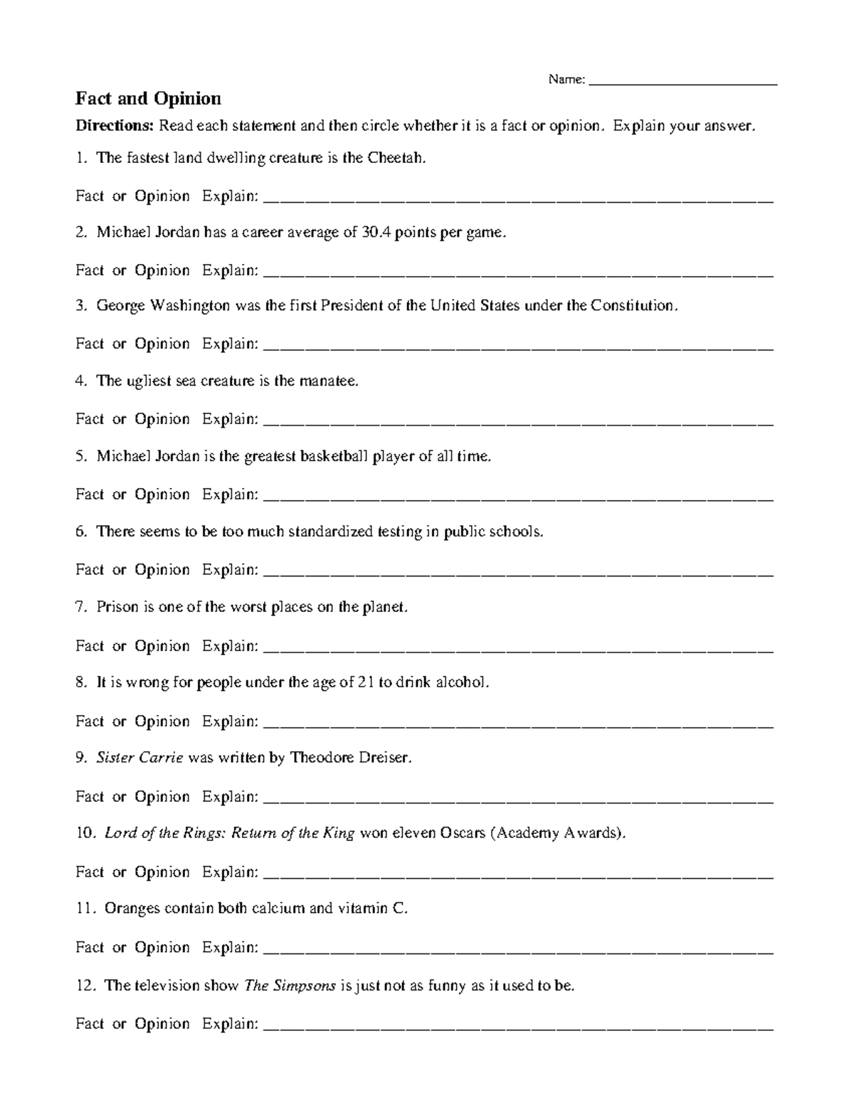 Fact and opinion worksheet - Name: ___________________________ Fact and ...