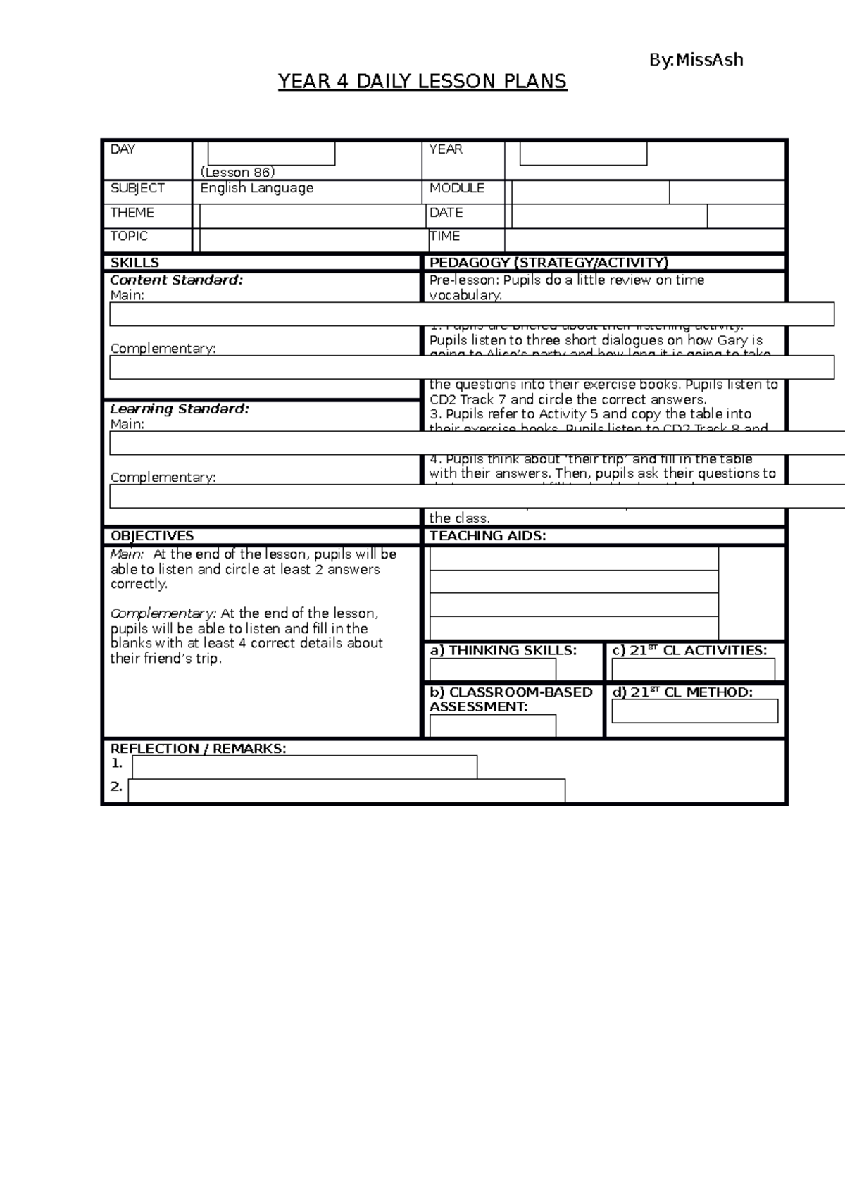Y4 E L86 - L90 (M6) - YEAR 4 DAILY LESSON PLANS DAY (Lesson 86) YEAR ...
