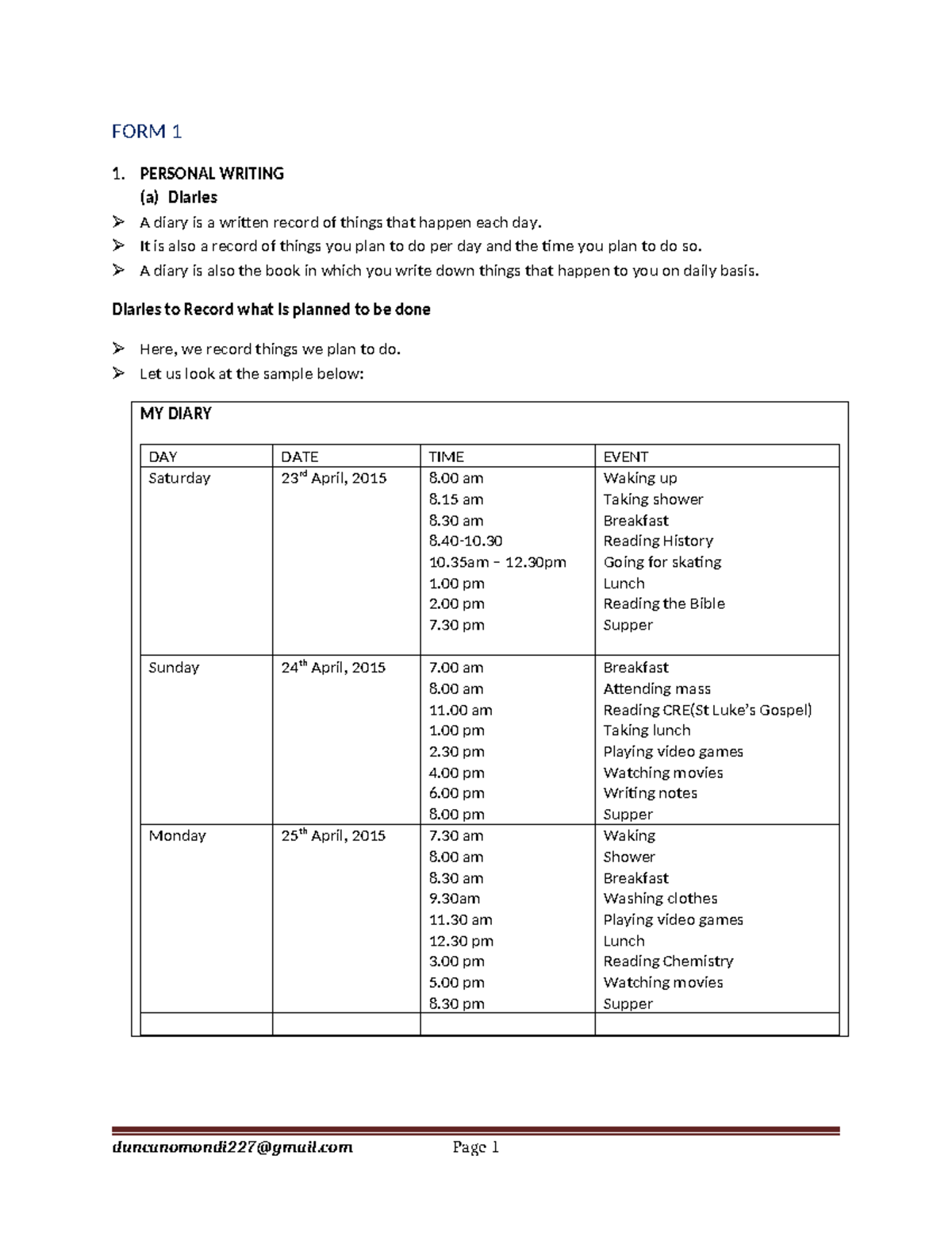 Functional Writing Notes-2 - FORM 1 1. PERSONAL WRITING (a) Diaries A ...