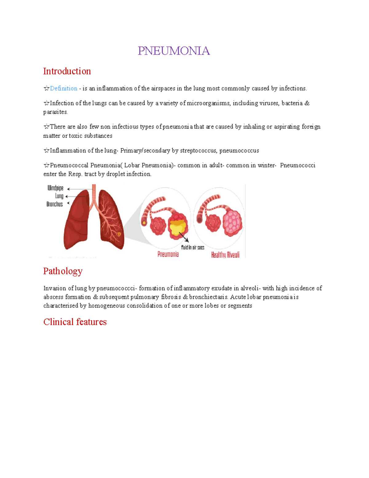 Assignment Notes on Pneumonia - PNEUMONIA Introduction ☆Definition - is ...