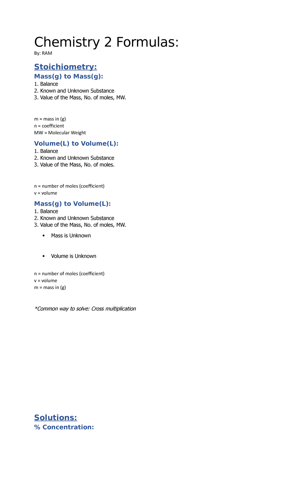 Chemistry-2-Formulas - Chemistry 2 Formulas: By: RAM Stoichiometry ...