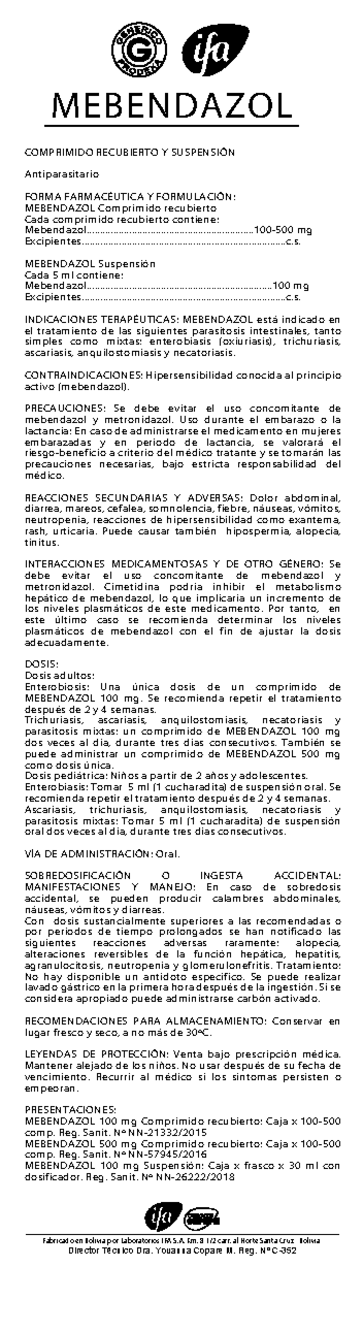 Mebendazol 100 mg - Fabricado en Bolivia por Laboratorios IFA S. Km. 8 ...