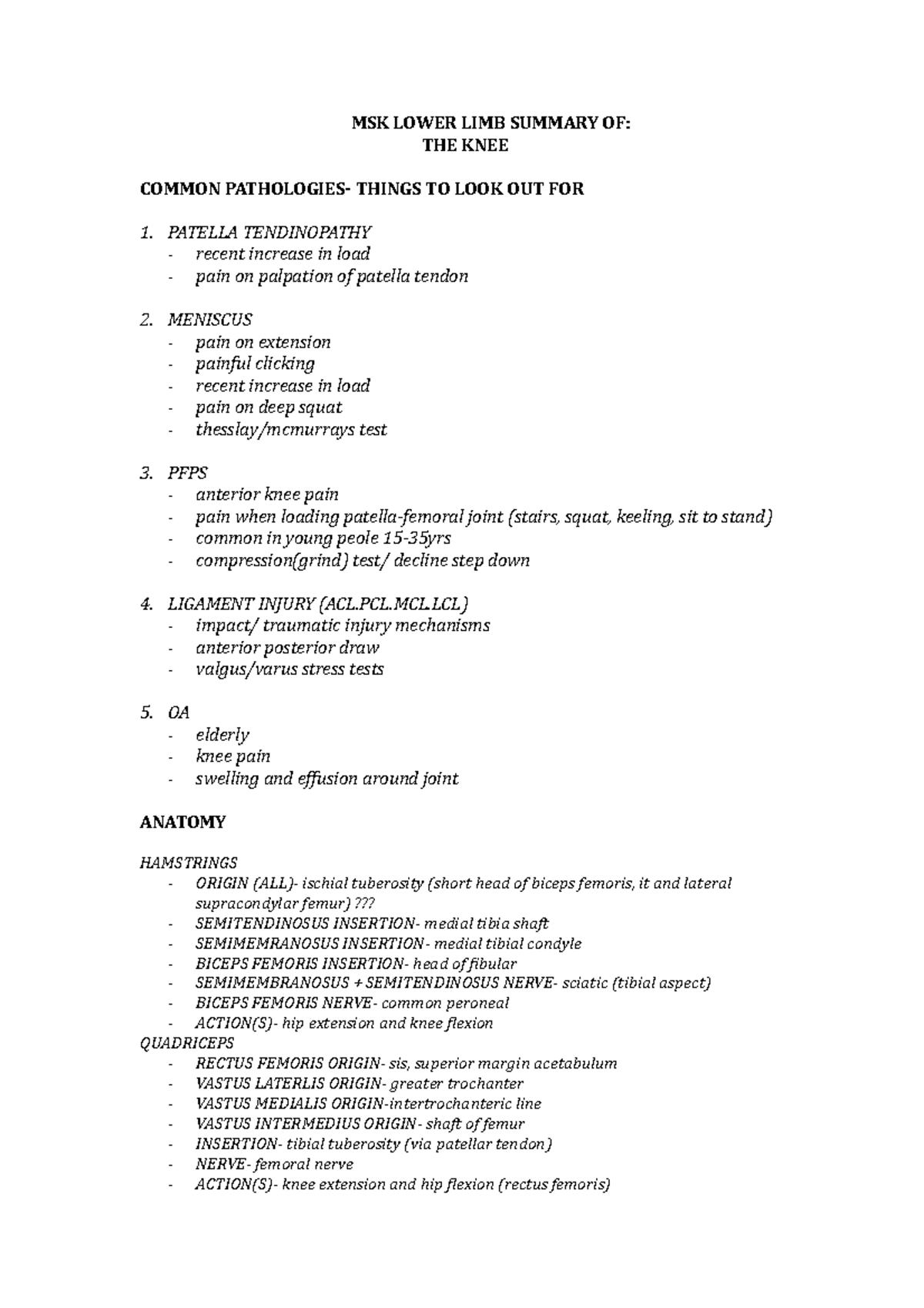 MSK Lower LIMB Summary OF- THE KNEE - MSK LOWER LIMB SUMMARY OF: THE ...