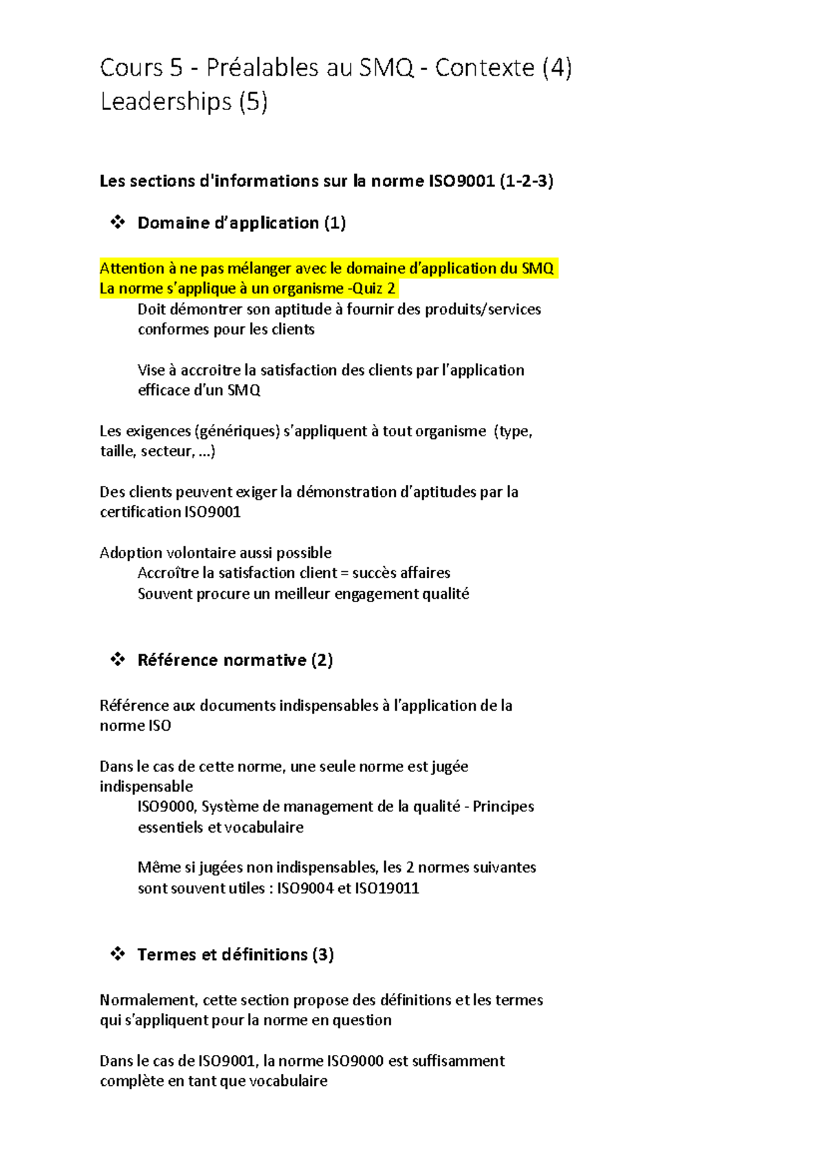 Cours 5 - Préalables au SMQ - Contexte (4) et Leadership - Les sections ...
