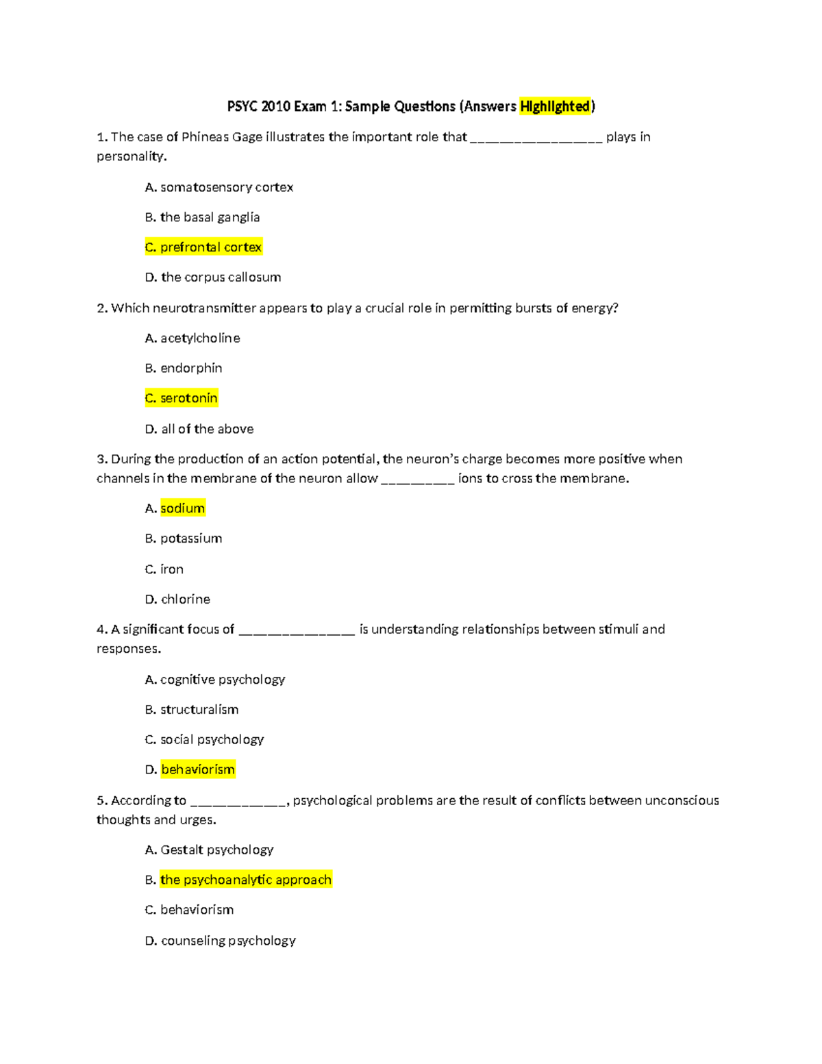 PSYC 2010 Exam 1 Practice Answers - PSYC 2010 Exam 1: Sample Questions (Answers Highlighted) The ...