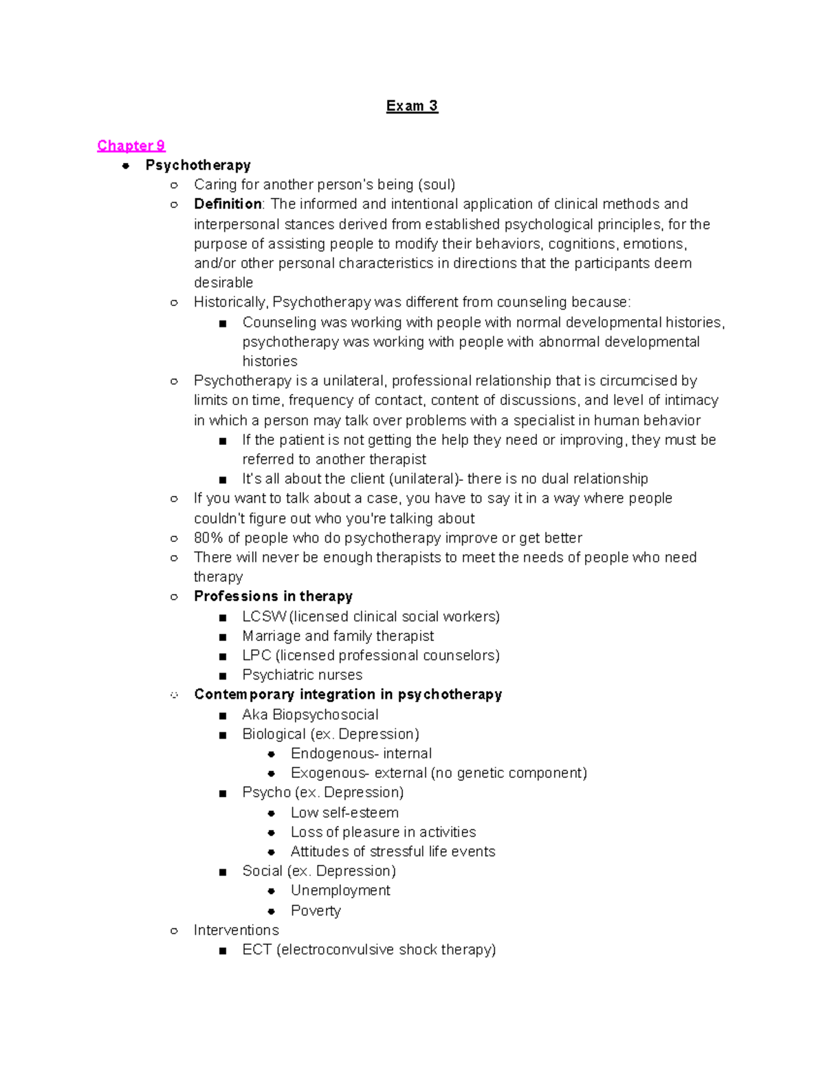 Clinical Psych Exam 3 - Chapters 9-12 - Exam 3 Chapter 9 Psychotherapy ...