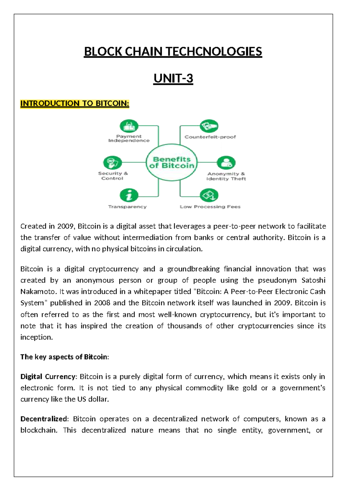 Block Chain UNIT-3 - ONCE CHECK INTO IT - BLOCK CHAIN TECHCNOLOGIES UNIT- INTRODUCTION TO ...