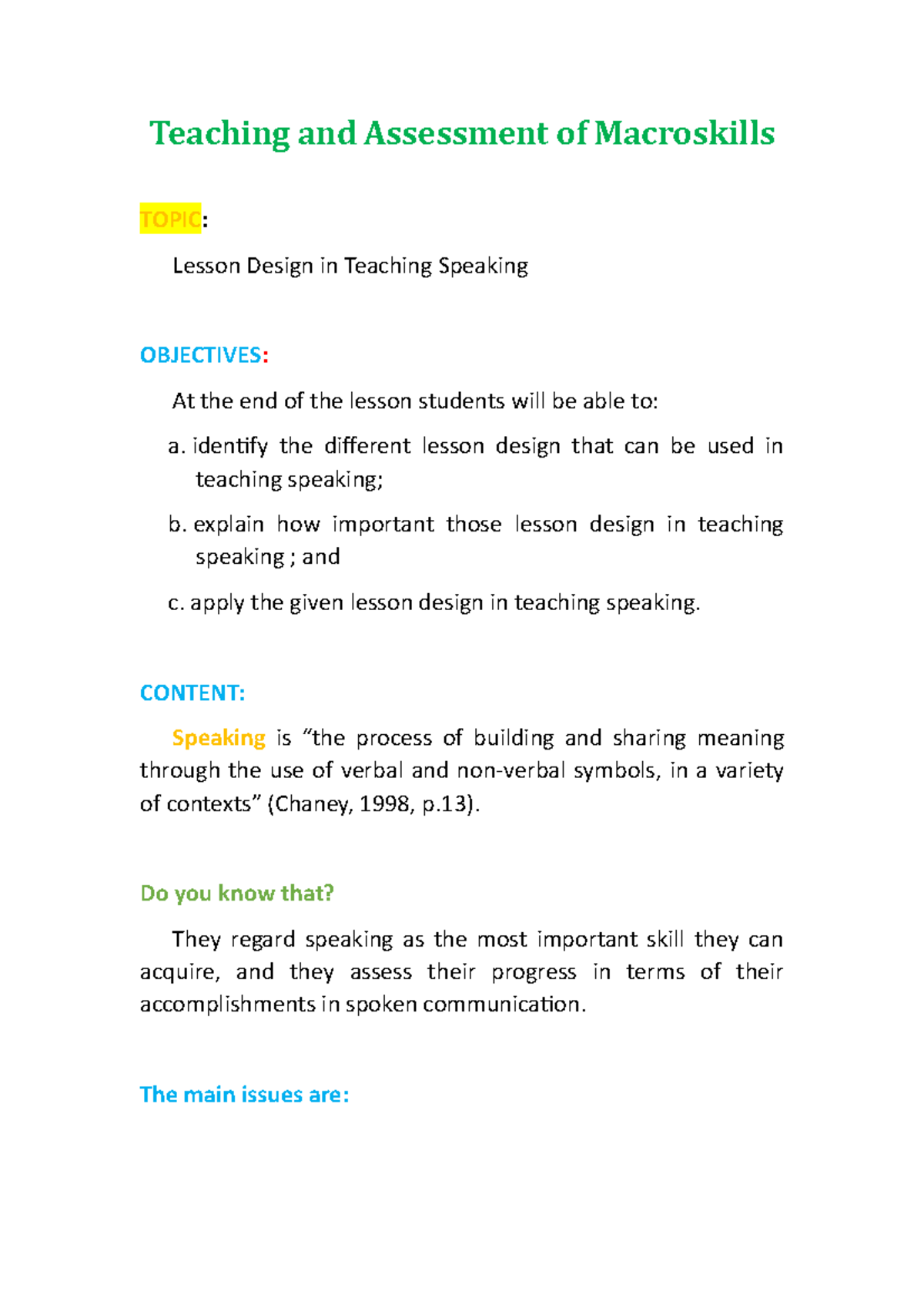 Lesson Design in Teaching Speaking Teaching and Assessment of ...