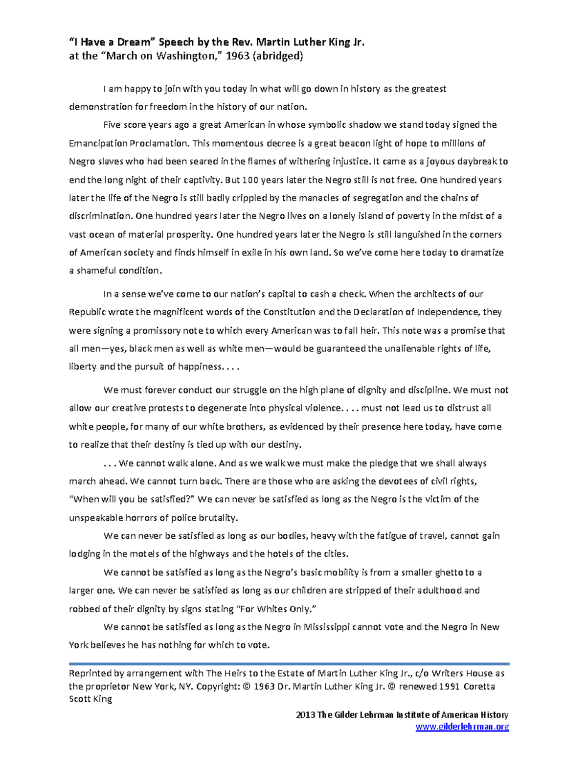 Abridged MLK Dream Speech 0 - “I Have a Dream” Speech by the Rev ...