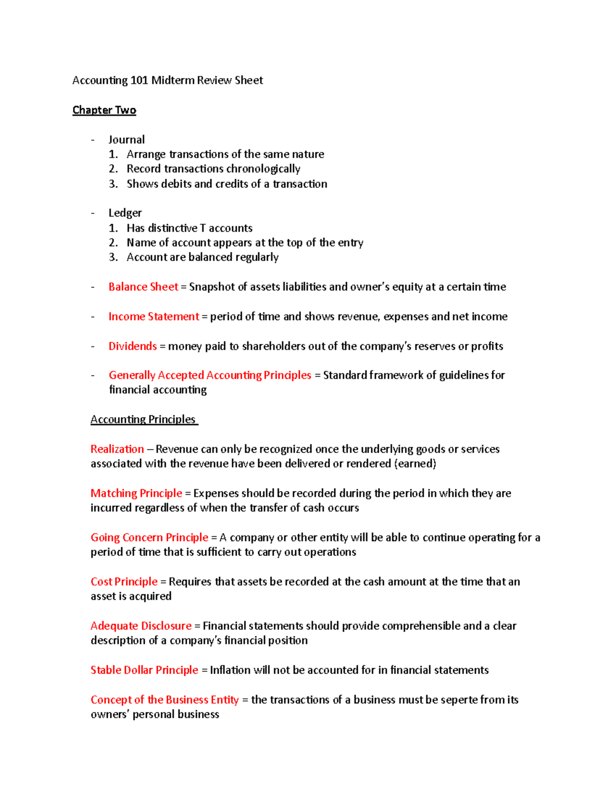 Accounting 101 Midterm Review Sheet - Arrange transactions of the same ...