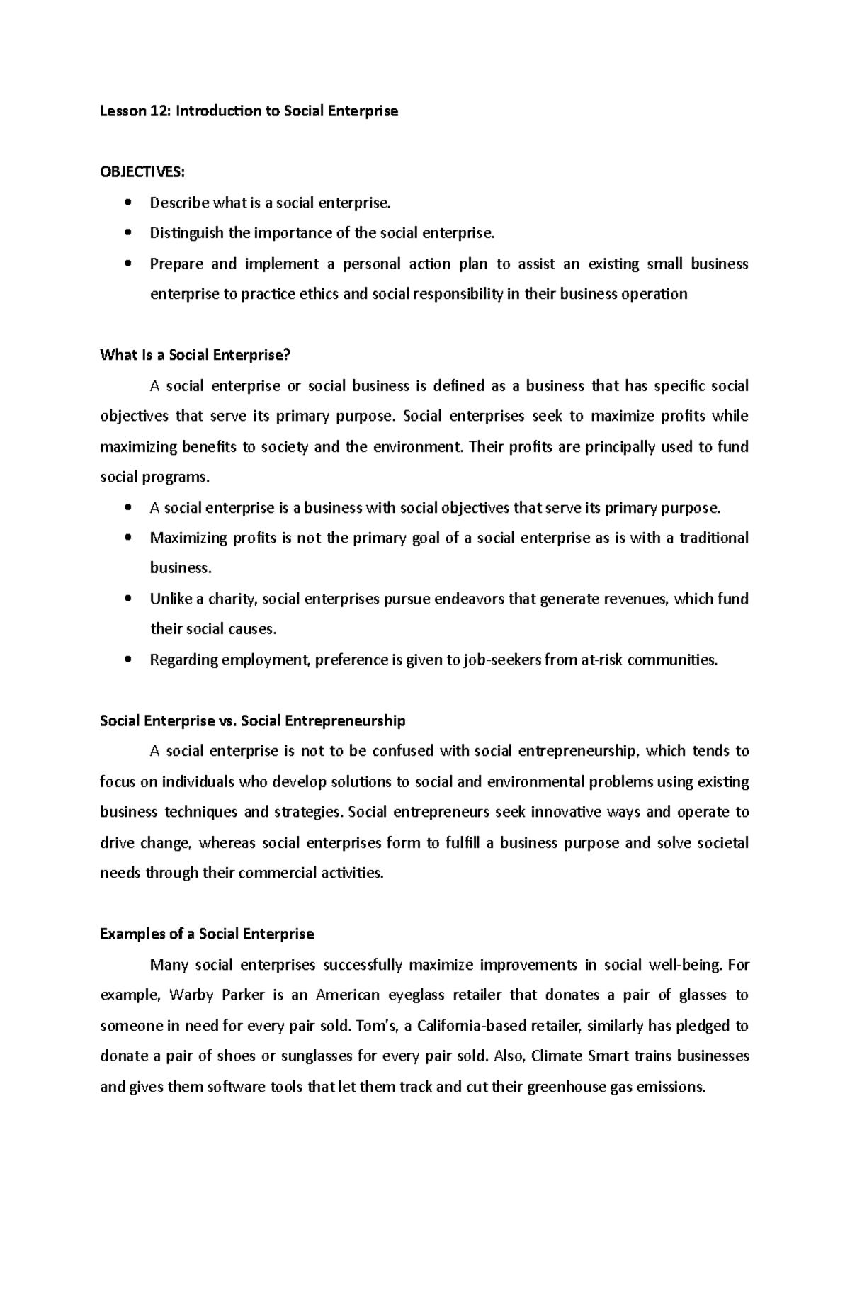 Lesson 12 Introduction to Social Enterprise - Lesson 12: Introduction ...