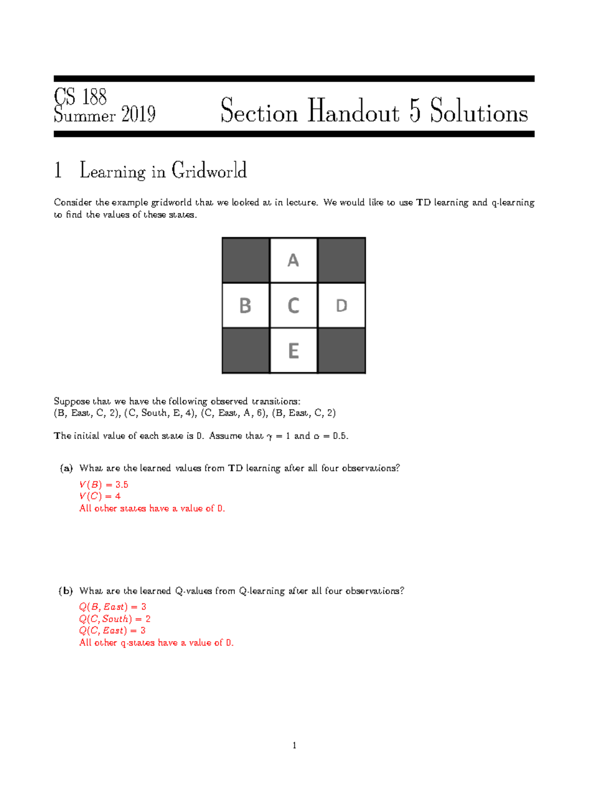 Disc05-sol - Solution to assignments - CS 188 Summer 2019 Section Handout 5 Solutions 1 Learning ...