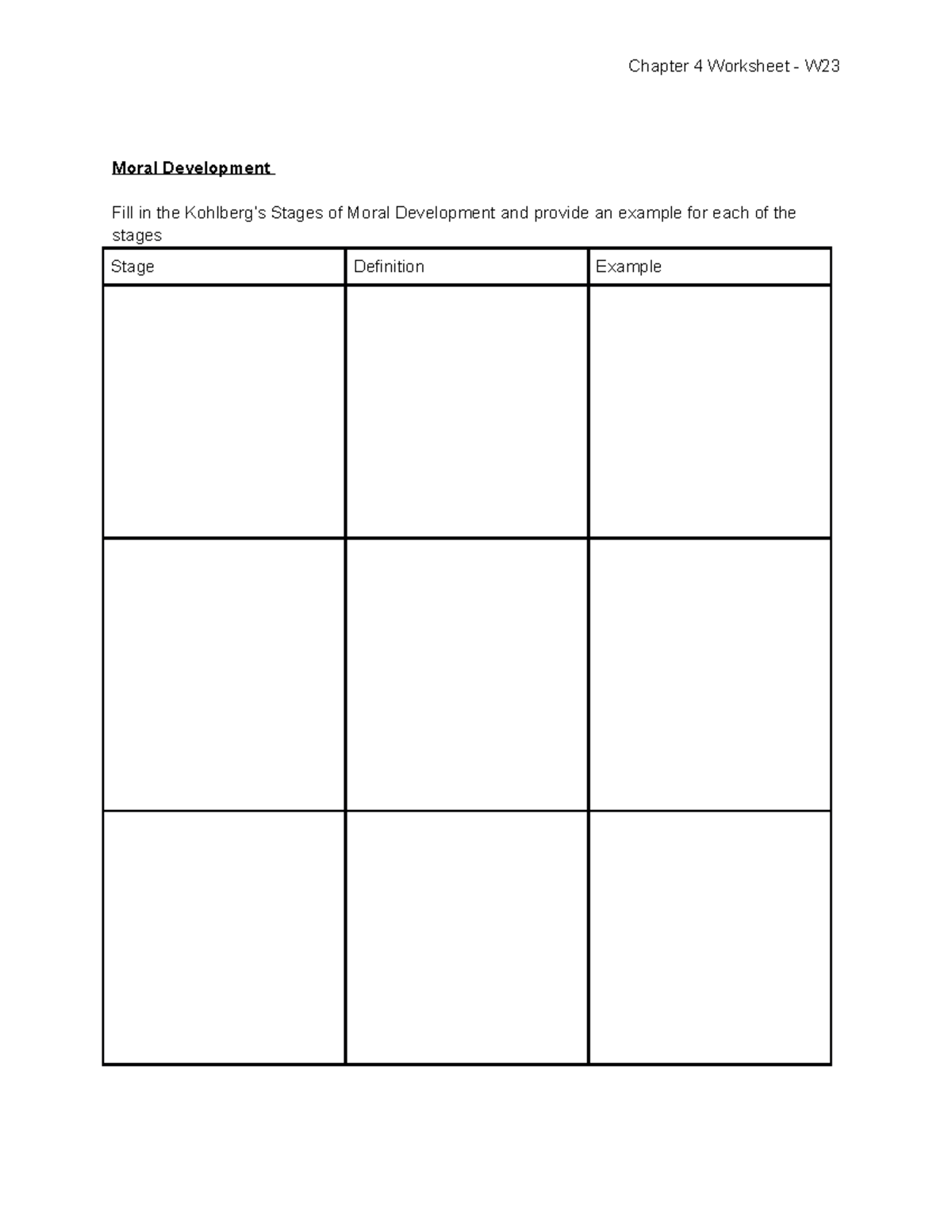 Chapter 4 Worksheet - ..... - Moral Development Fill in the Kohlberg’s ...