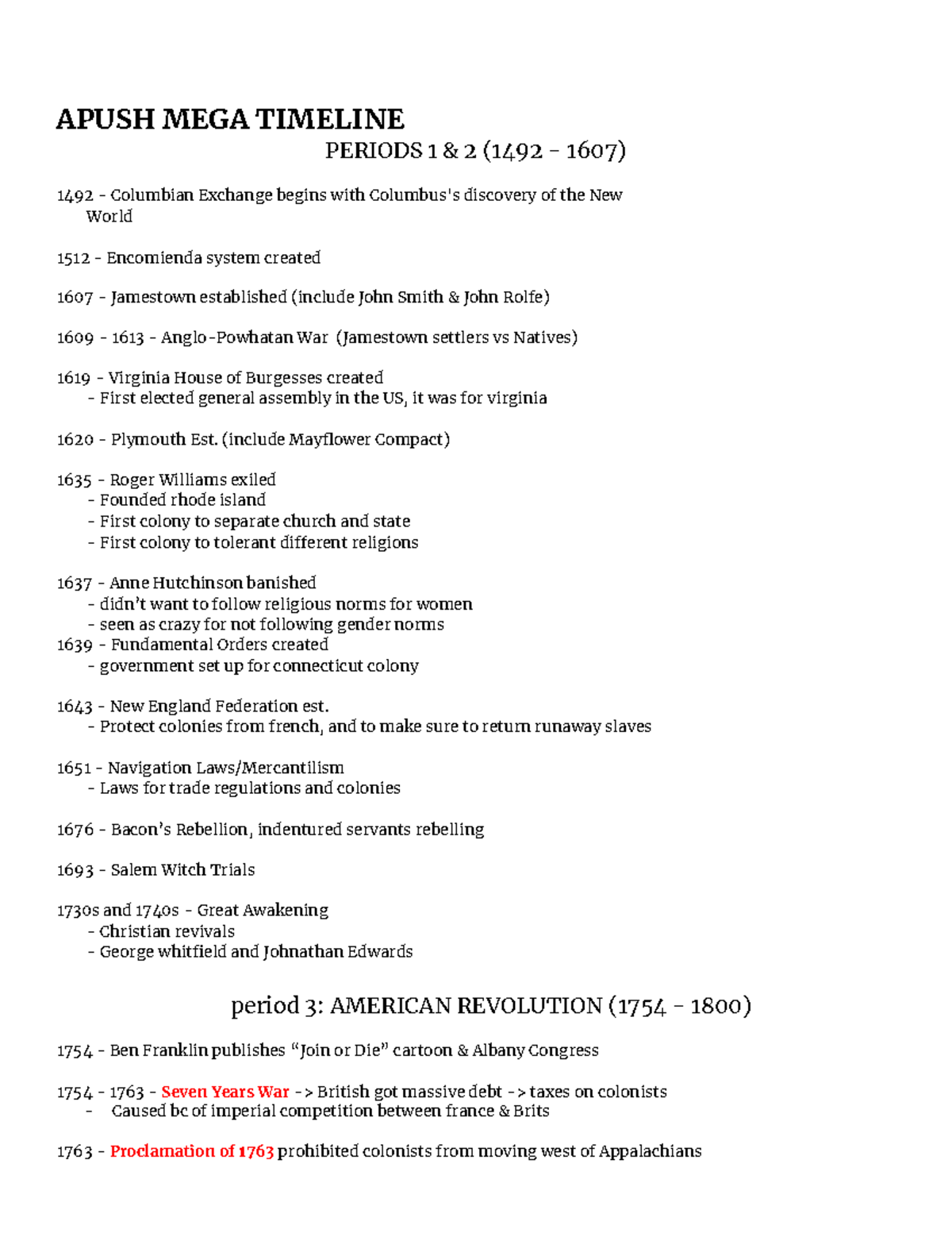Apush Timeline 2 - APUSH MEGA TIMELINE PERIODS 1 & 2 (1492 - 1607) 1492 ...