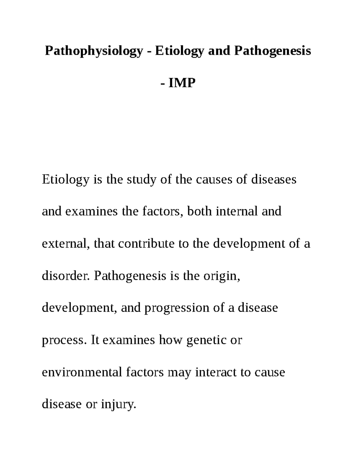 Pathophysiology - Ethiology and Pathogenesis - IMP - Google Docs - Pathophysiology - Etiology ...