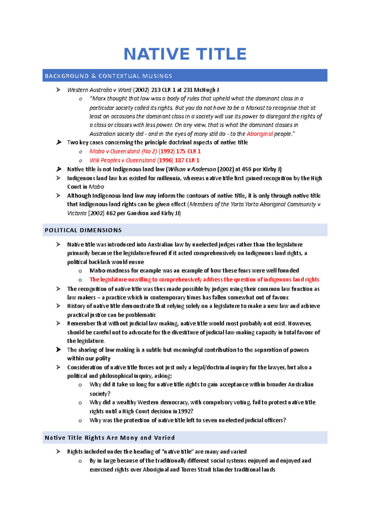 Native Title Notes - Summary of Week 4 Content. - NATIVE TITLE ...