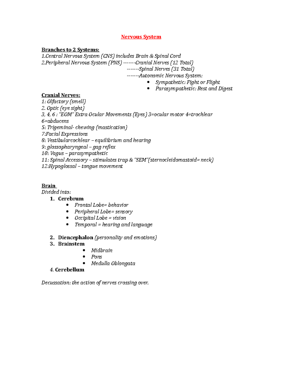 Nervous System Breakdown - Nervous System Branches to 2 Systems: 1 ...