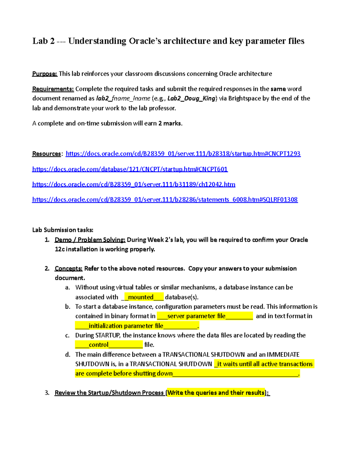 Cst8276 Lab 2 Winter 2021 Lab 2 Understanding Oracle S Architecture And Key Parameter