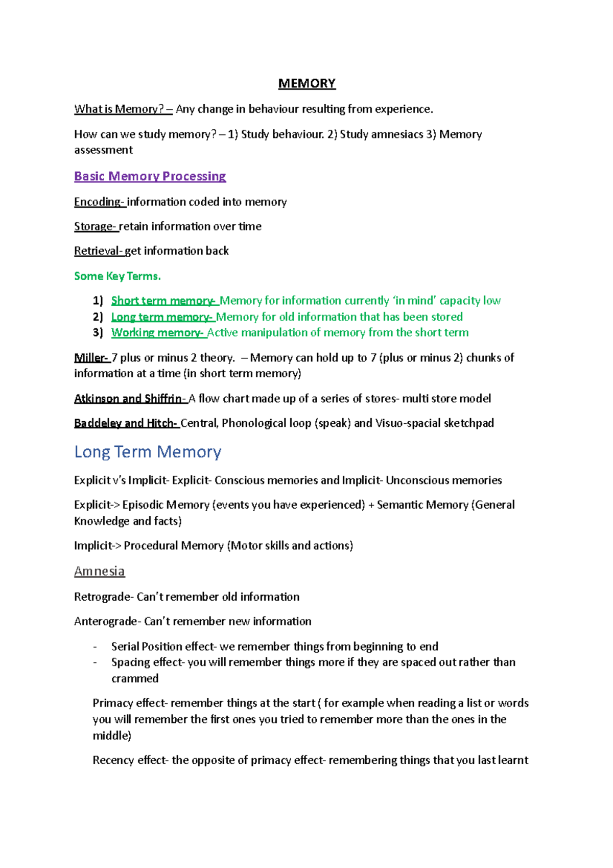 Notes on Memory - MEMORY What is Memory? – Any change in behaviour ...