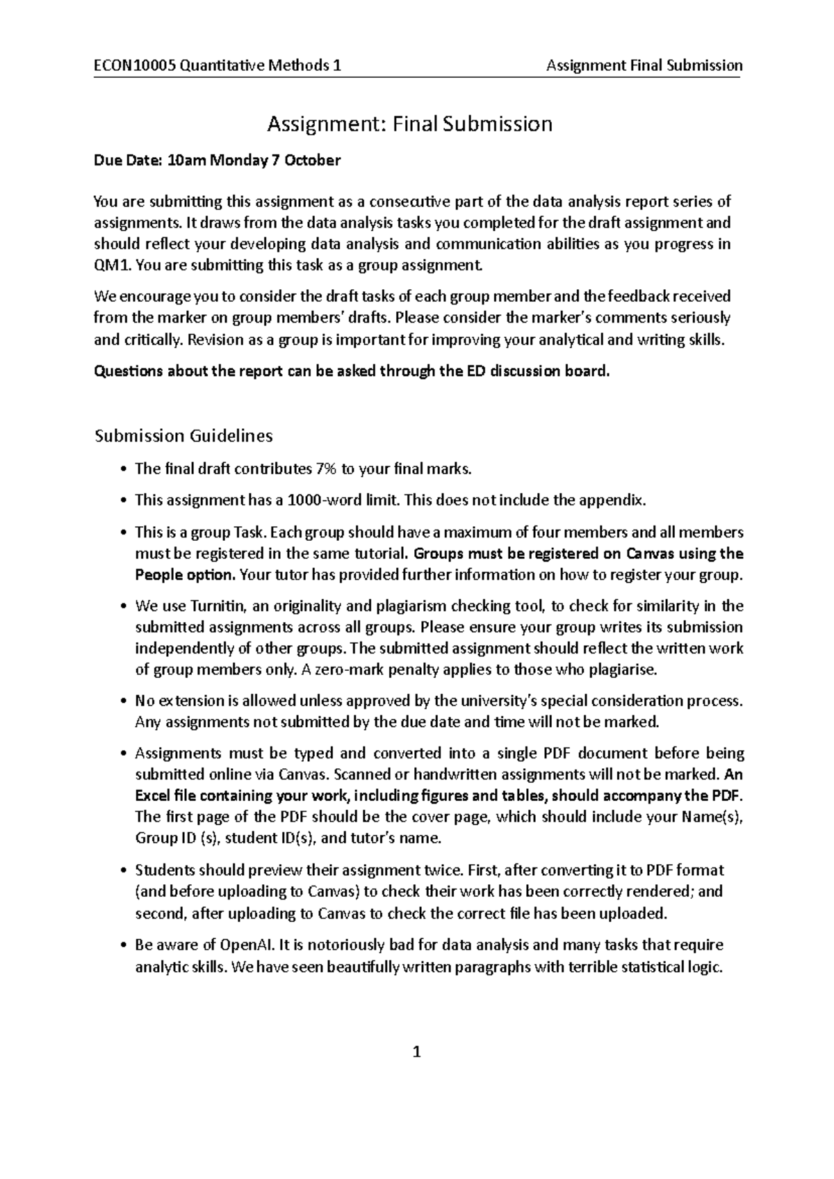 Assignment Final Report-updated Final 1-1 - Assignment: Final Submission Due Date: 10am Monday 7 ...