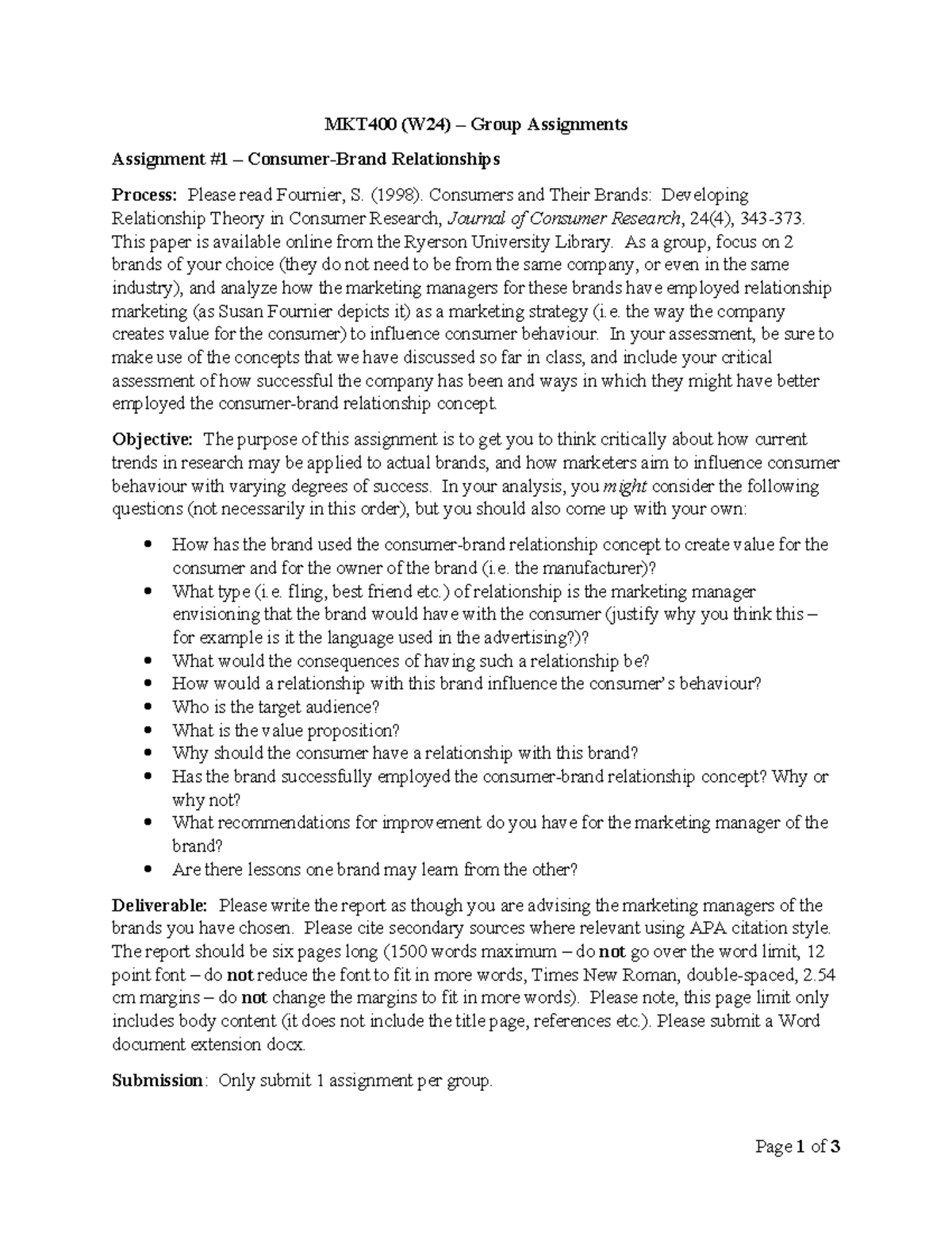 MKT400 Group Assignment 1 and 2 Outline W2024 - MKT400 (W24) – Group ...