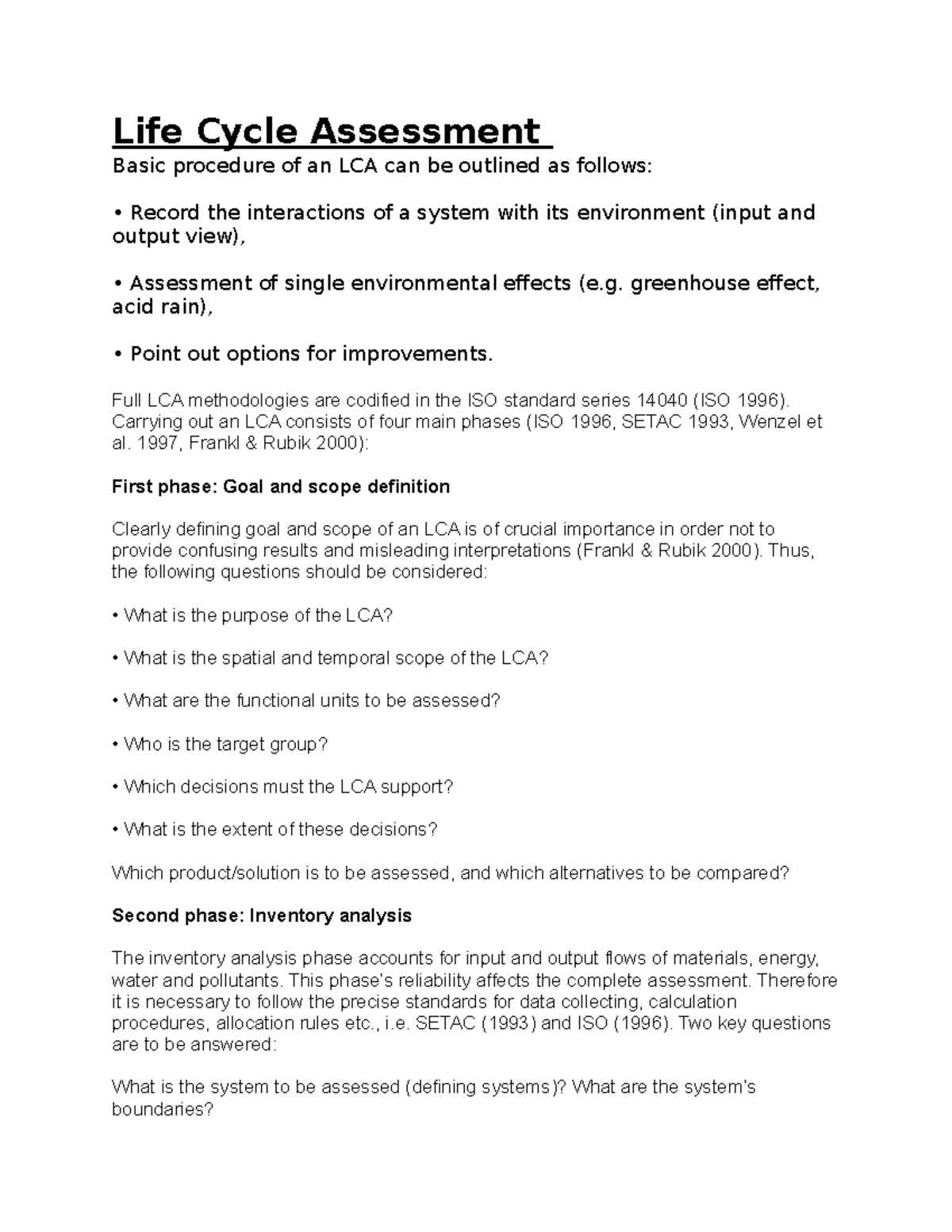 CS exam review - Summary - Life Cycle Assessment Basic procedure of an ...