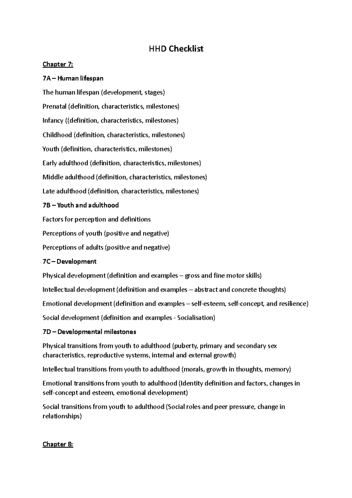 HHD checklist U2AO1 - HHD Checklist Chapter 7: 7A – Human lifespan The ...