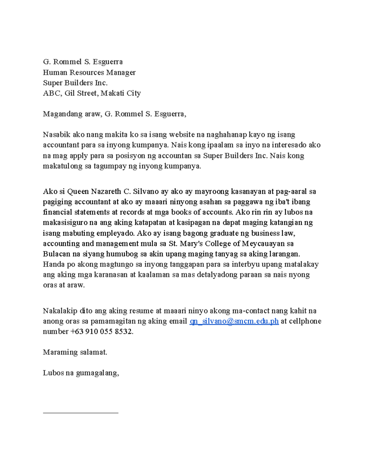 Liham-Aplikasyon - G. Rommel S. Esguerra Human Resources Manager Super Builders Inc. ABC, Gil ...