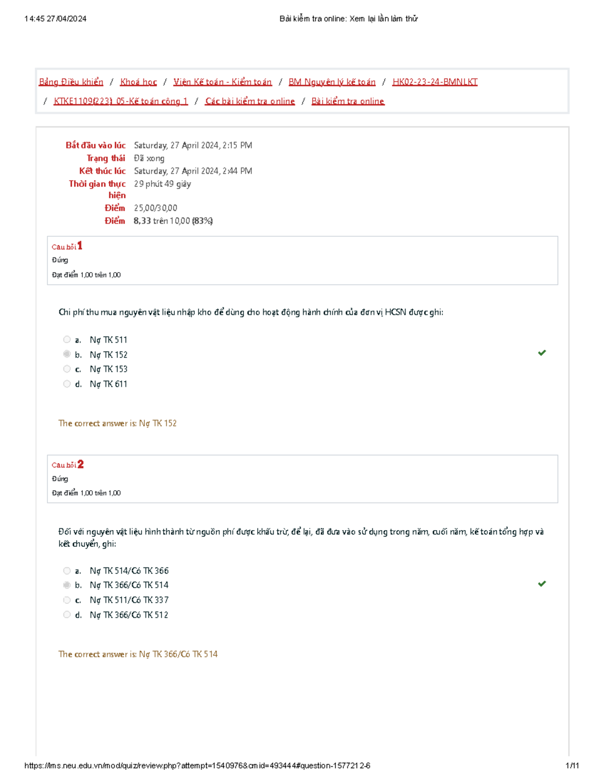 Bài kiểm tra online Kế toán công - Bảng Điều khiển / Khoá học / Viện Kế ...
