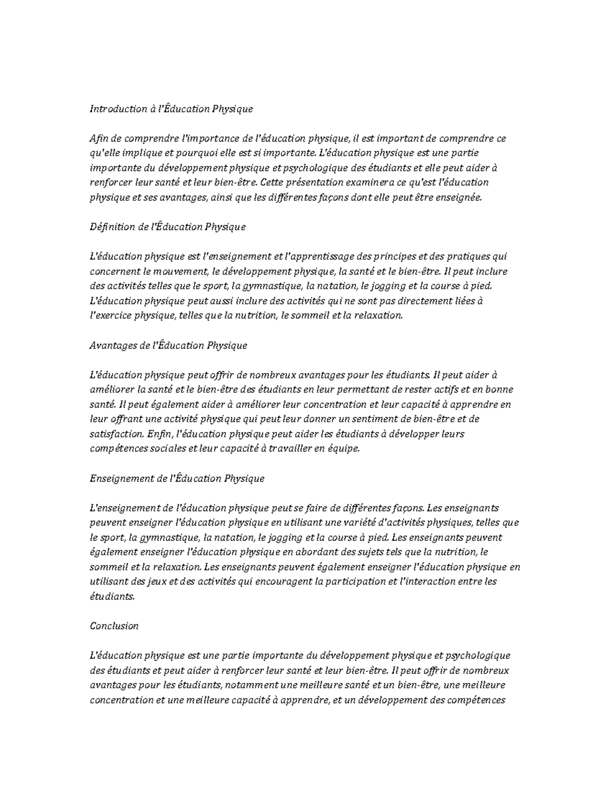 Physical Education note study - Introduction à l'Éducation Physique ...