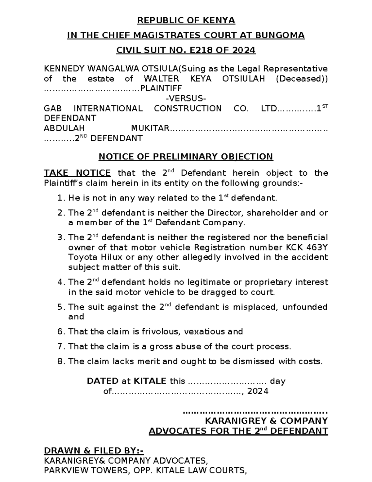 Preliminary Objection- Kennedy Wangalwa - REPUBLIC OF KENYA IN THE ...