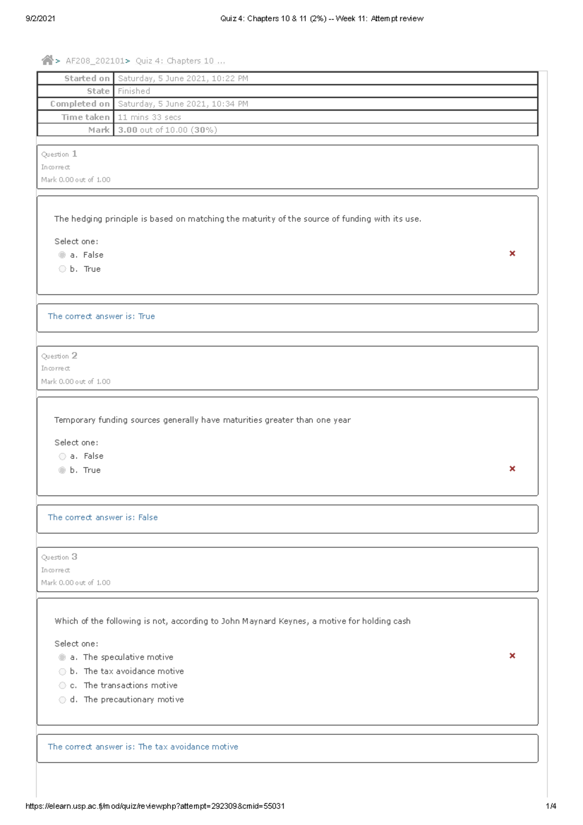 Quiz 4 Chapters 10 & 11 (2%) - Week 11 Attempt review 1 - Started on ...