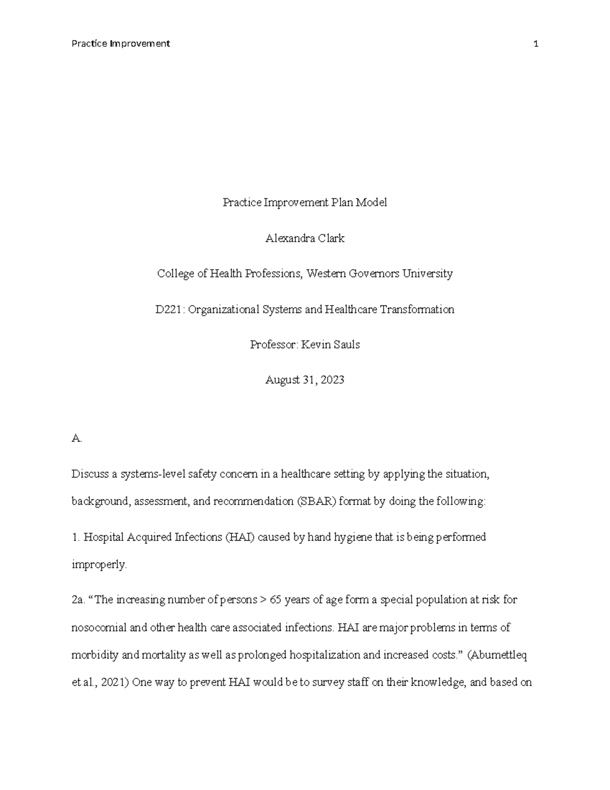D221 Practice Improvement Plan Proposal - Practice Improvement Plan Model Alexandra Clark ...