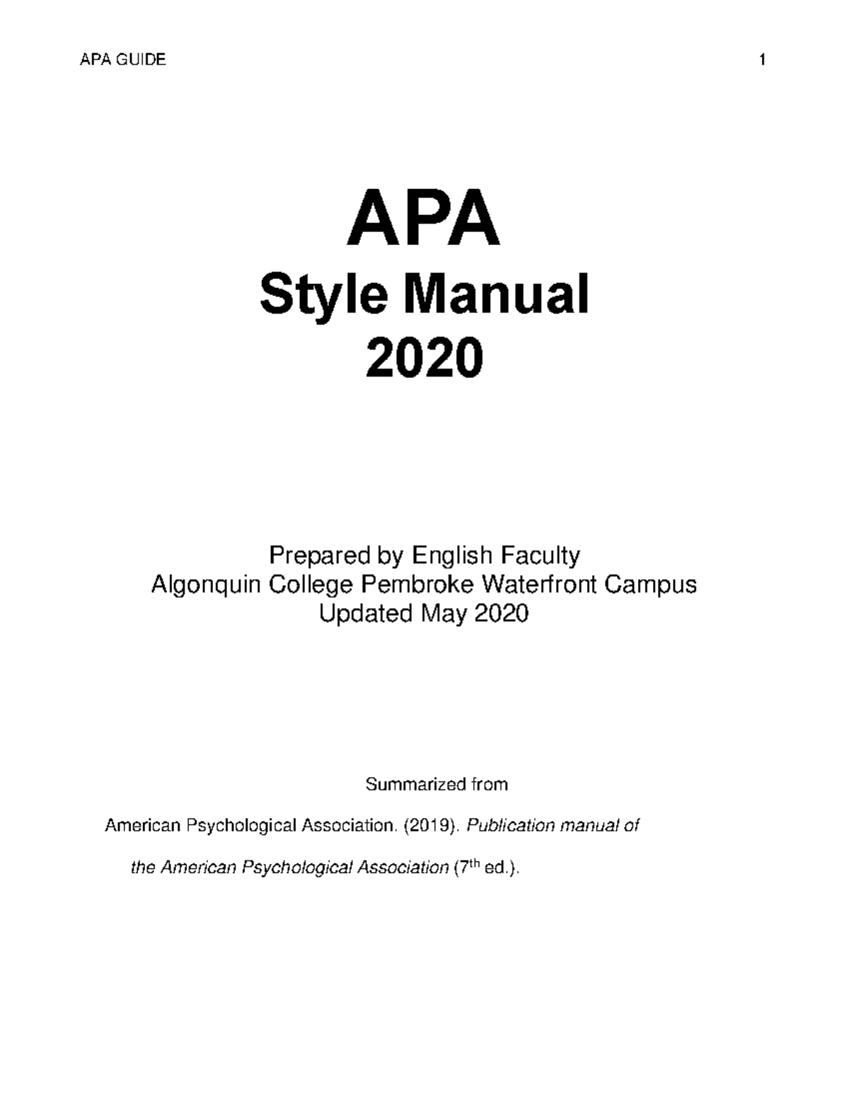 APA Guide 2020 - APA Style Manual 2020 Prepared by English Faculty ...