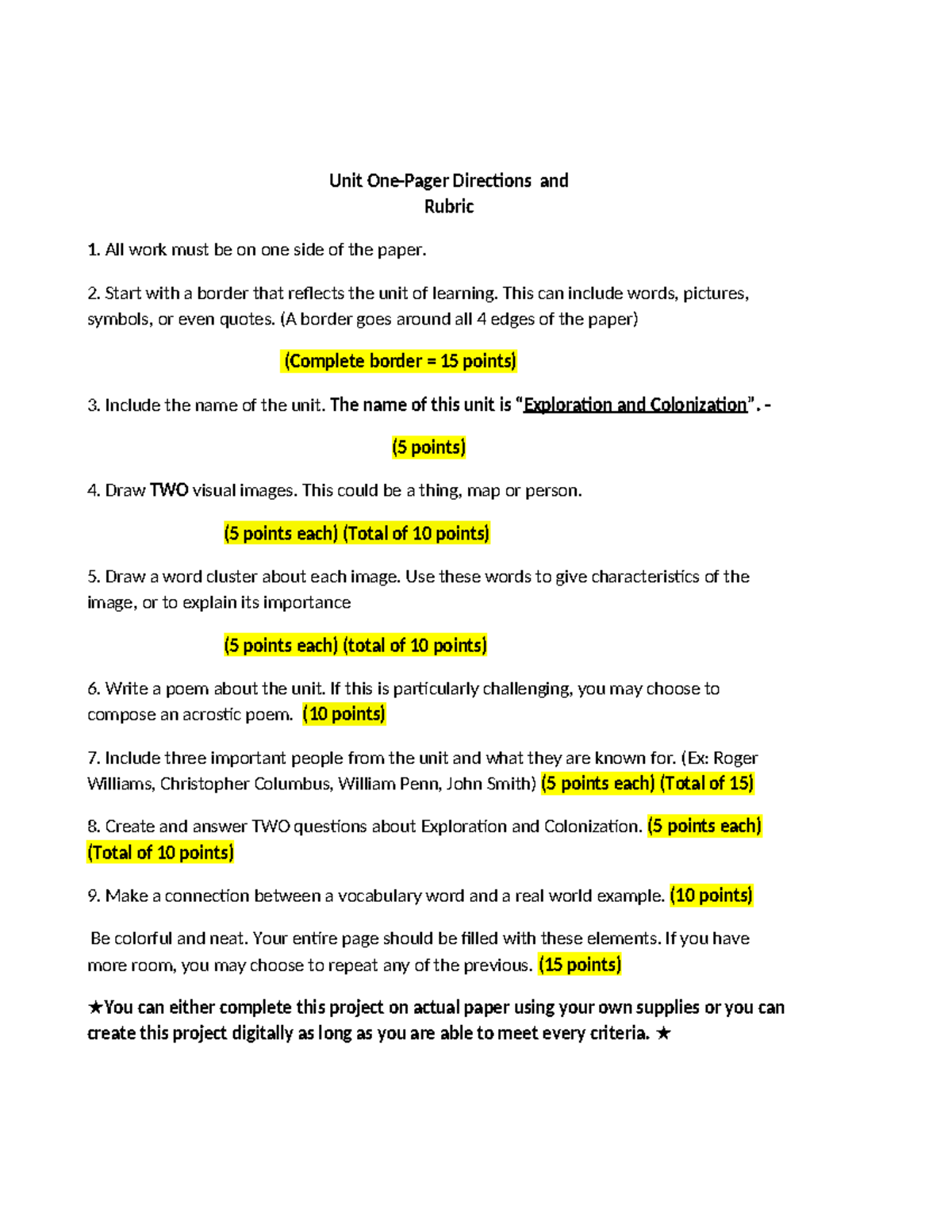 9-9 9-10 Unit 2 One- Pager with directions and rubric - Unit One-Pager ...