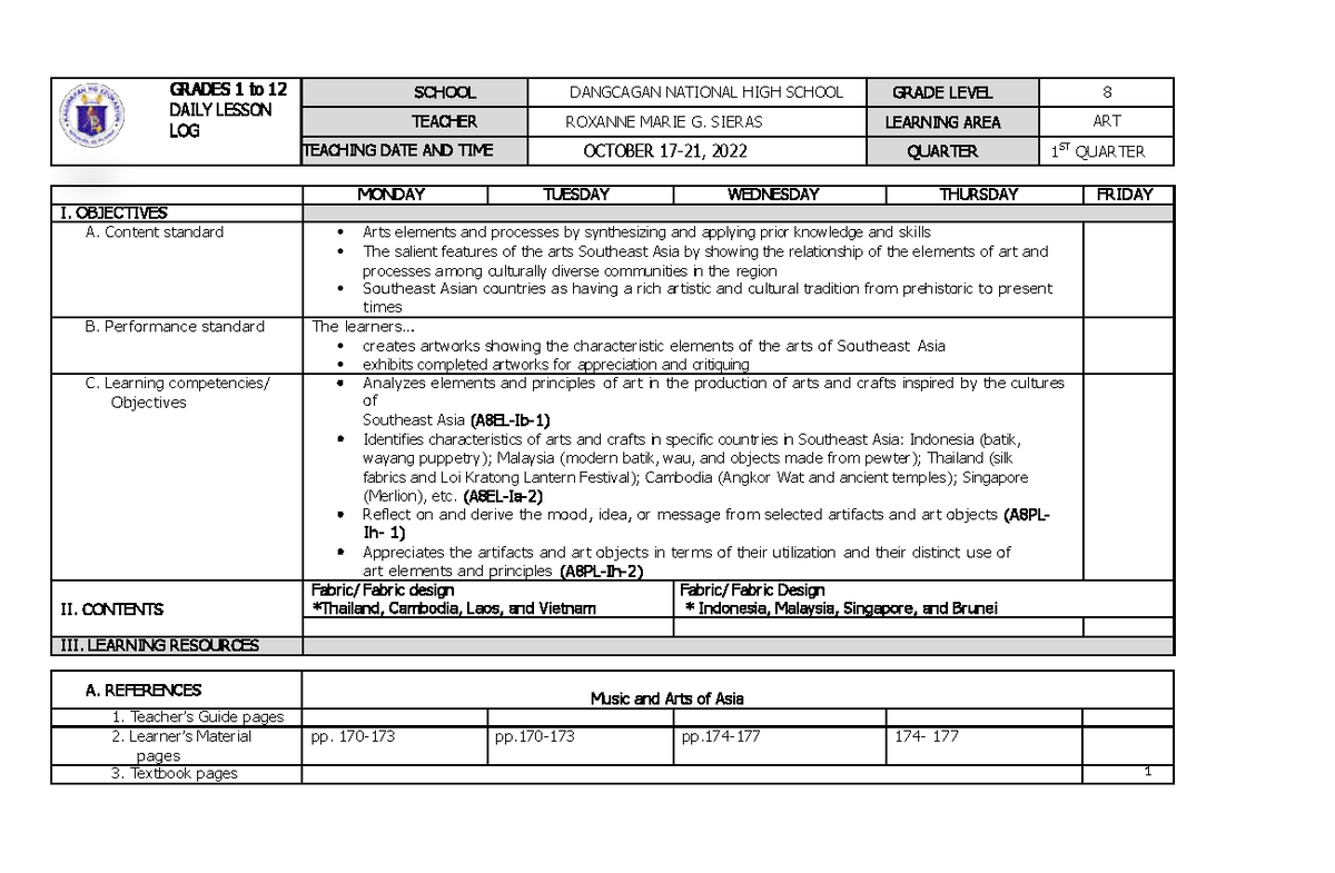 DLL-ARTS 8 (1st Quarter) - 1 GRADES 1 to 12 DAILY LESSON LOG SCHOOL ...