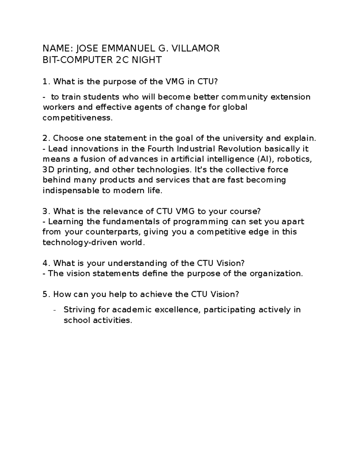 What is the relevance of CTU VMG to your course? - NAME: JOSE EMMANUEL ...