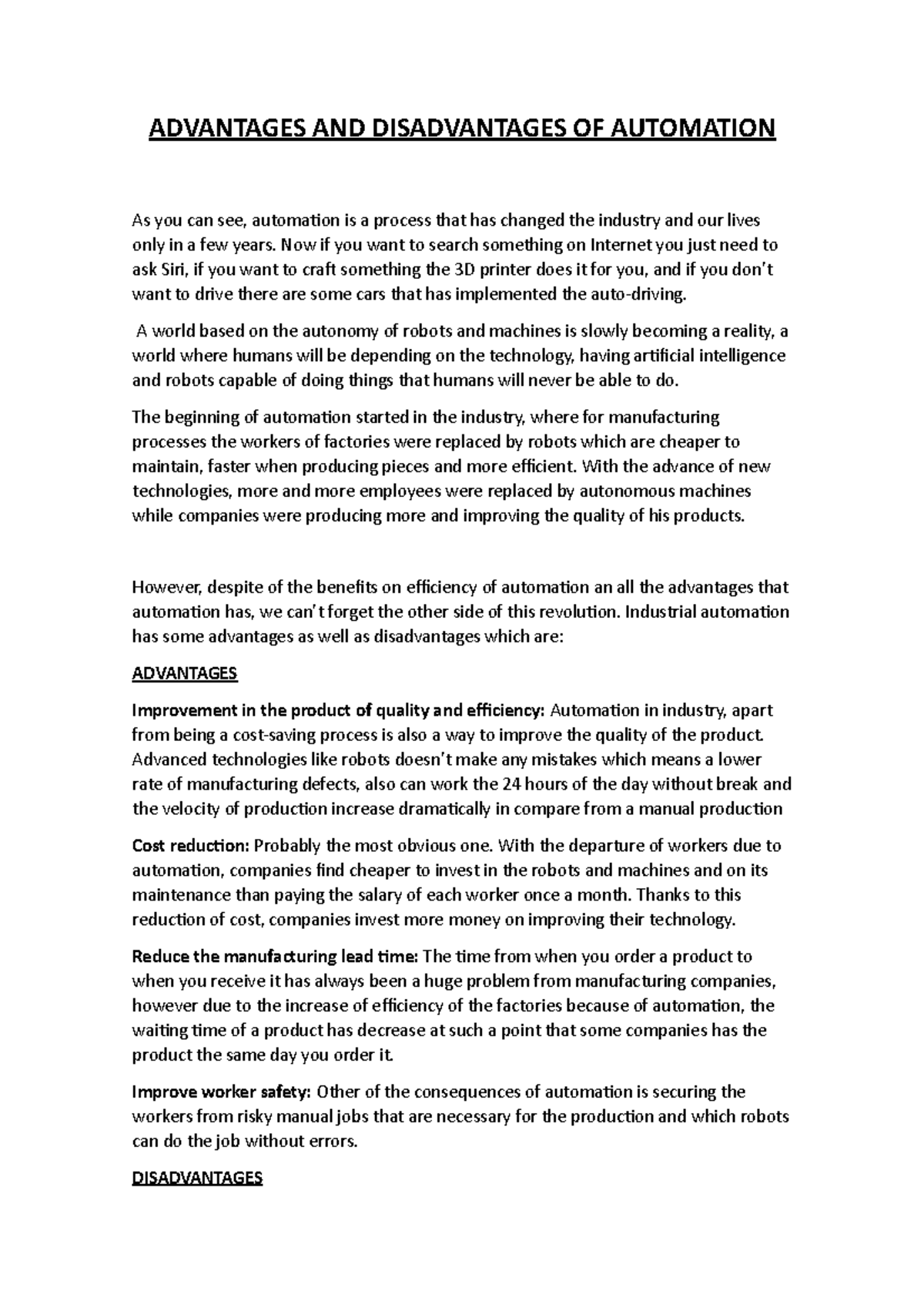 Automation Advantages Disadvantages - ADVANTAGES AND DISADVANTAGES OF ...