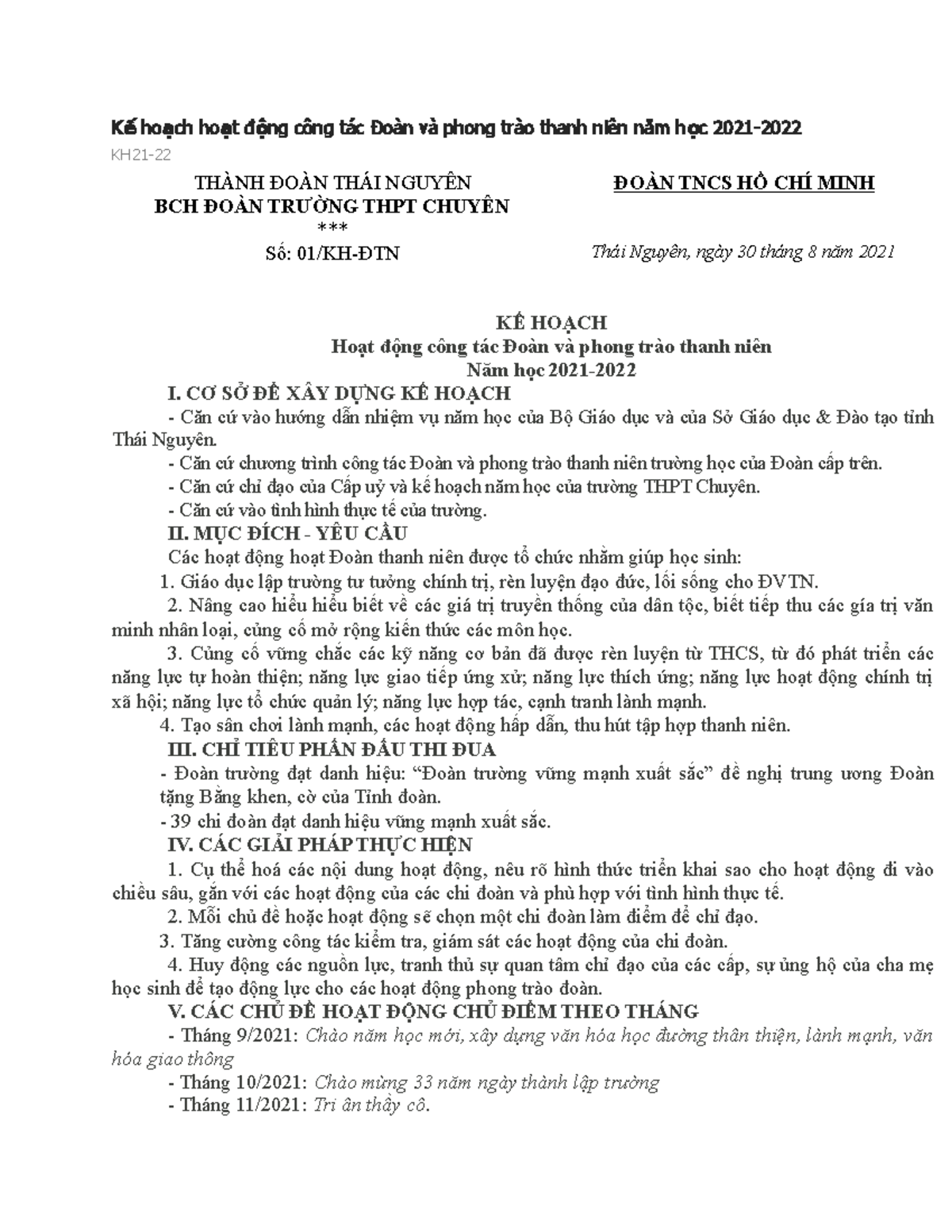 Kế hoạch hoạt động công tác Đoàn và phong trào thanh niên năm học 2021 - K ế ho ạc h ho ạt đ ộng ...