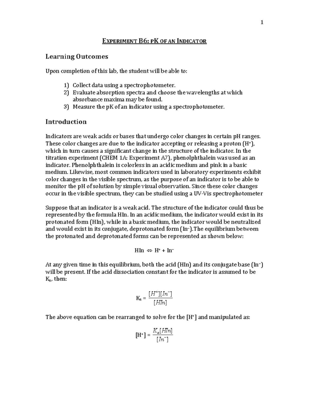 P Ka of Indicator Lab Manual - E XPERIMENT B6: P K OF AN I NDICATOR Learning Outcomes Upon - Studocu