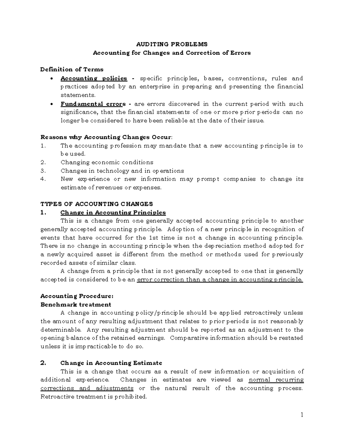 443117168 Error Correction docx - AUDITING PROBLEMS Accounting for Changes and Correction of ...