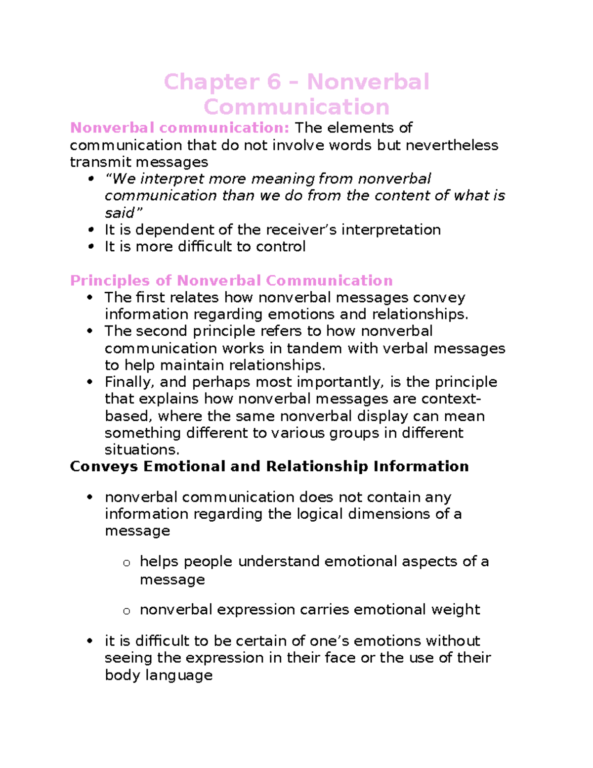 Chapter 6 - Lecture notes 6 - Chapter 6 – Nonverbal Communication ...