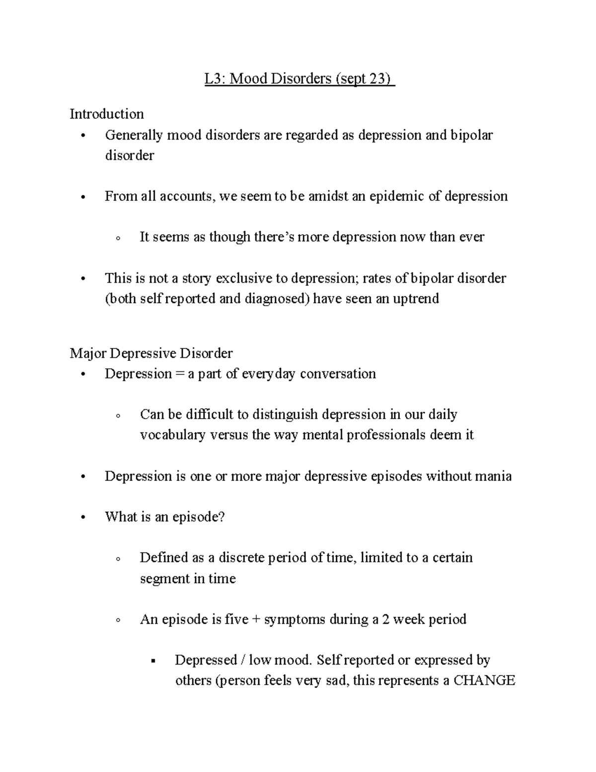 Mental Health and Illness Exam stuff - L3: Mood Disorders (sept 23 ...