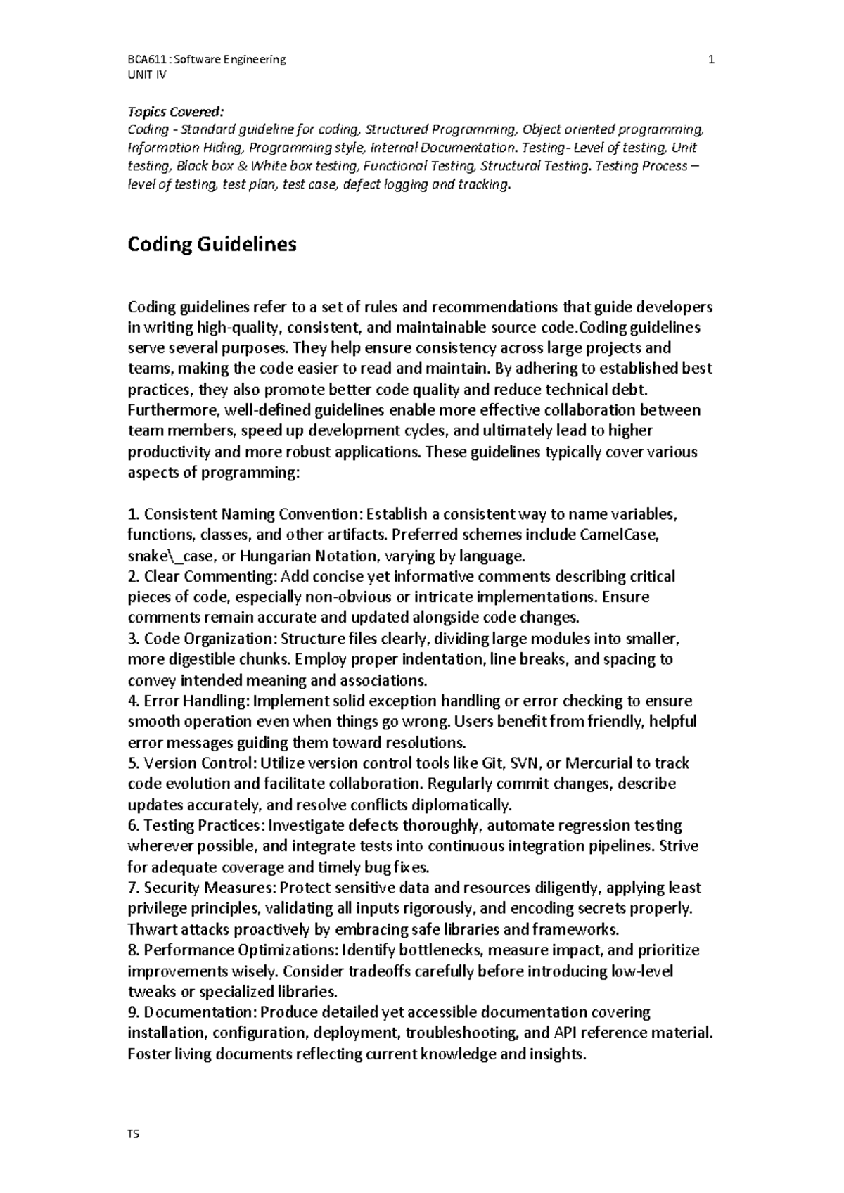 Software-Engineering-UNIT4 - UNIT IV Topics Covered: Coding - Standard guideline for coding ...