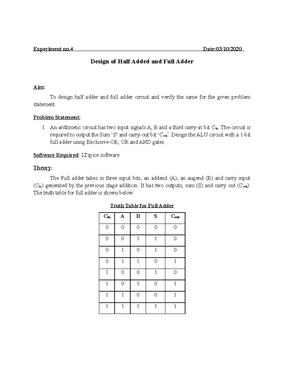 20MIA1015 EEE Experiment 4 - Experiment no Date:03/10/ Design of Half ...