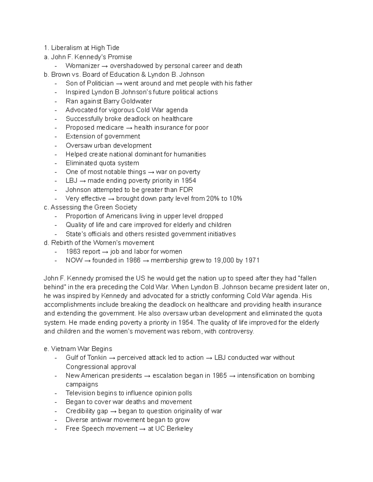 Chapter 28 Notes - Liberalism at High Tide a. John F. Kennedy’s Promise ...