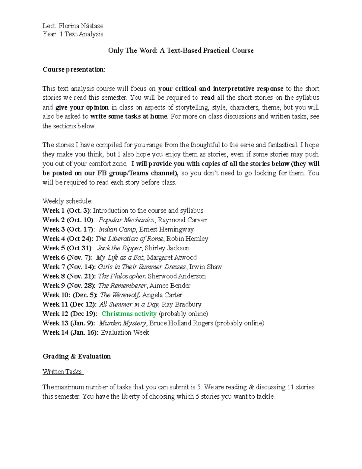 Text Analysis Syllabus - Lect. Florina Năstase Year: 1 Text Analysis ...